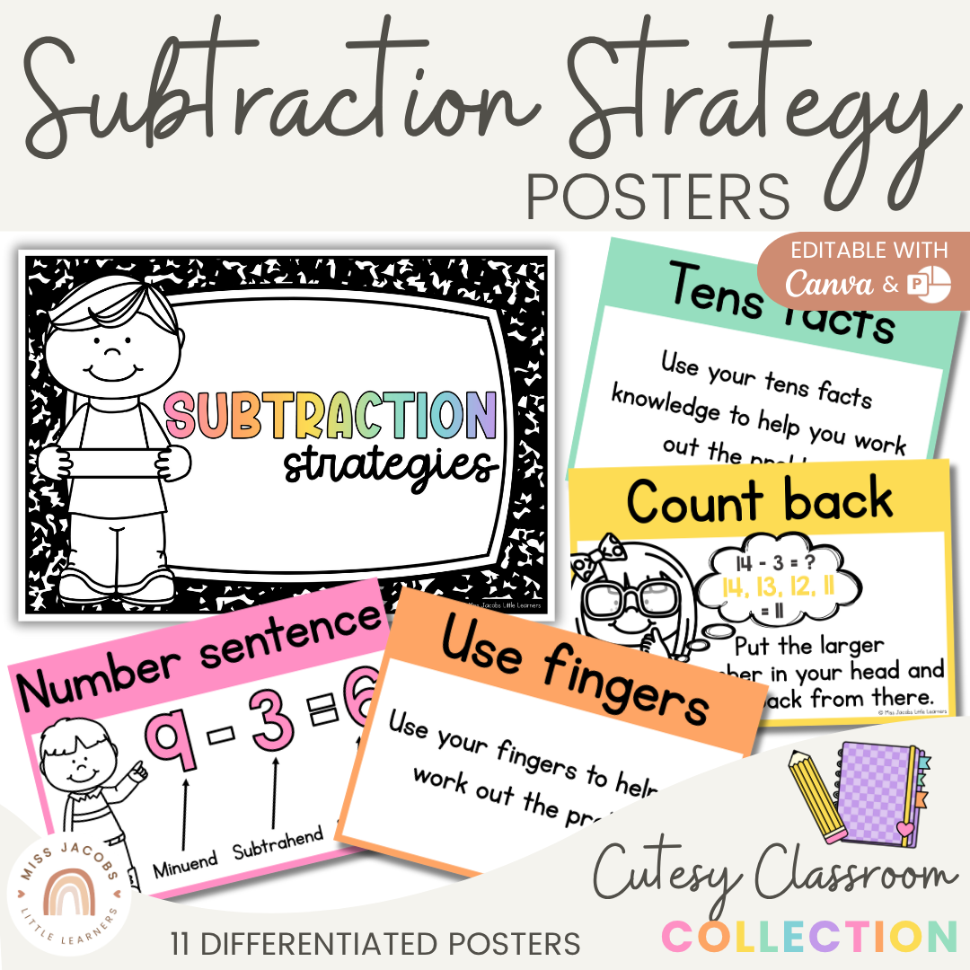 Subtraction Strategies Posters - Cutesy Classroom Theme - Miss Jacobs