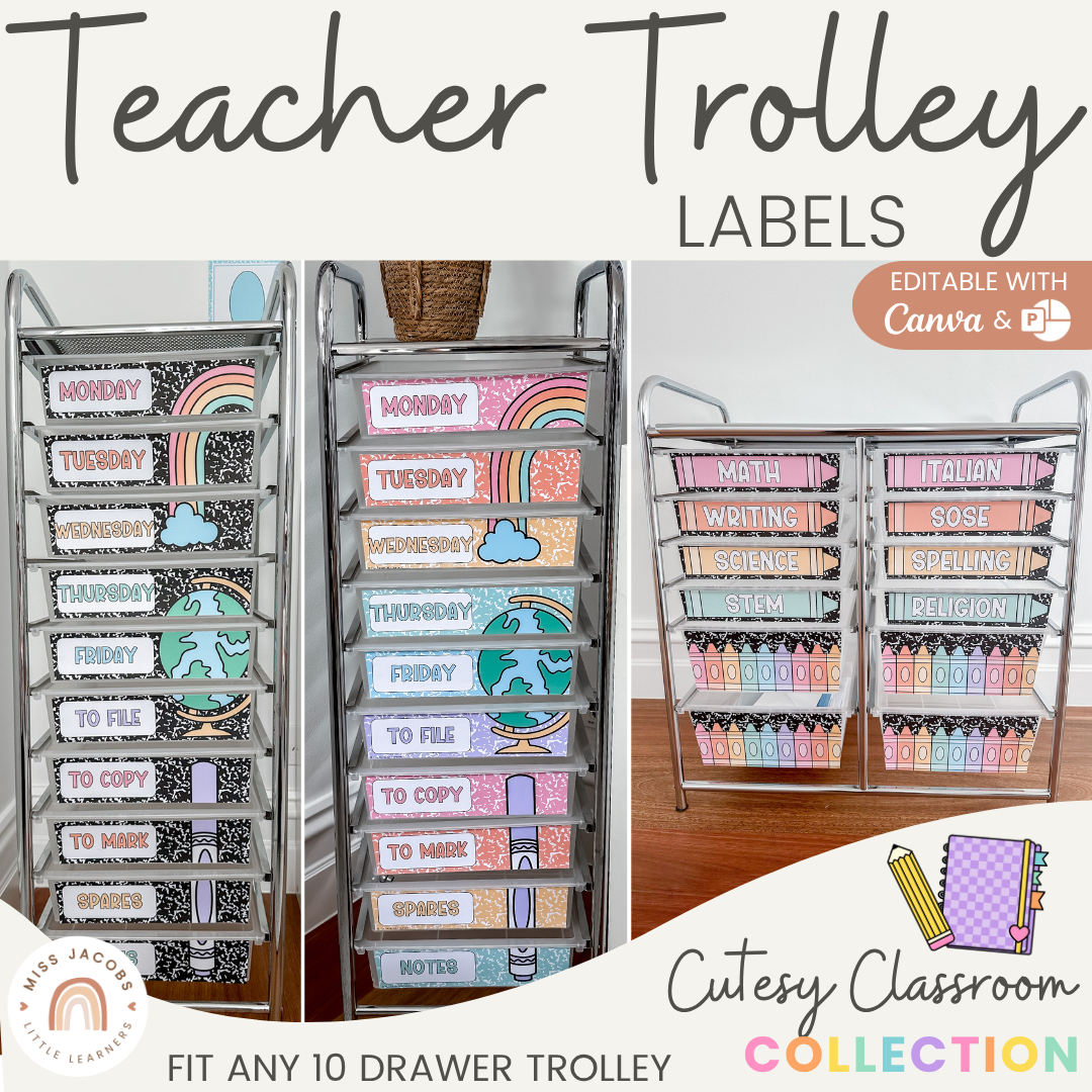 Teacher Trolley Labels for Rolling Cart - Cutesy Classroom Theme - MJLL