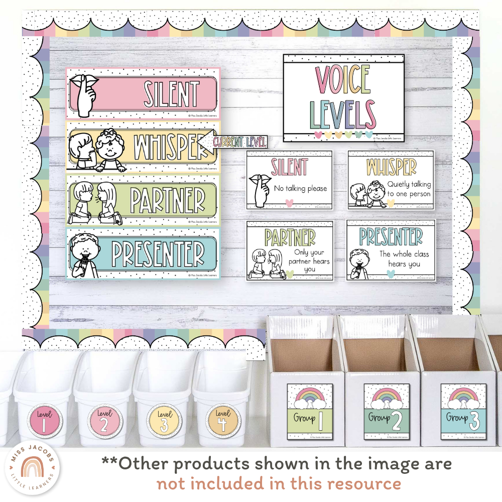 Voice Levels Chart - Spotty Pastel Classroom Theme - Miss Jacobs