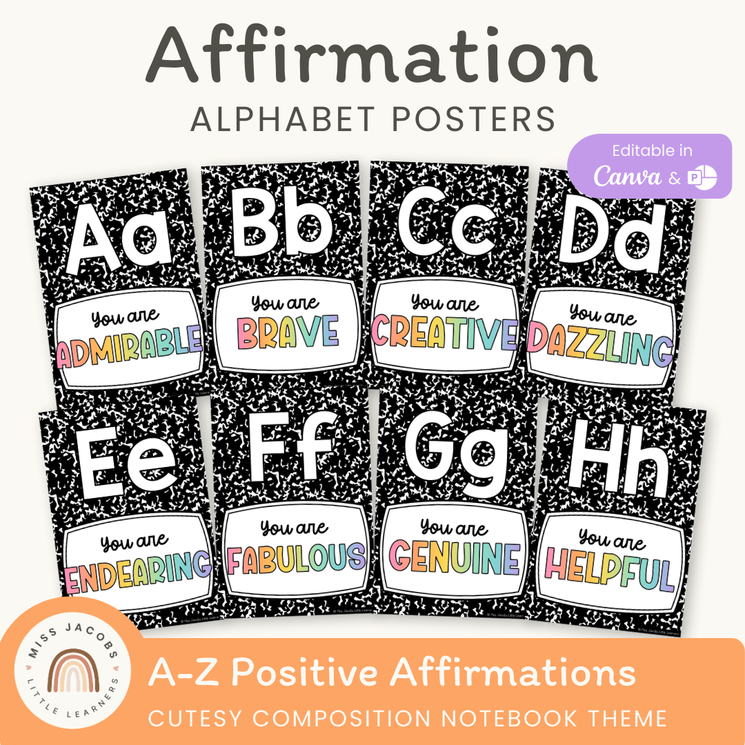 Affirmation Alphabet Posters - Cutesy Composition Notebook