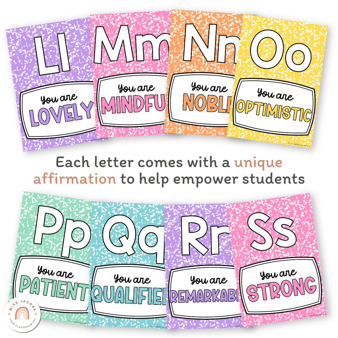 Affirmation Alphabet Posters - Bright Cutesy Composition Notebook