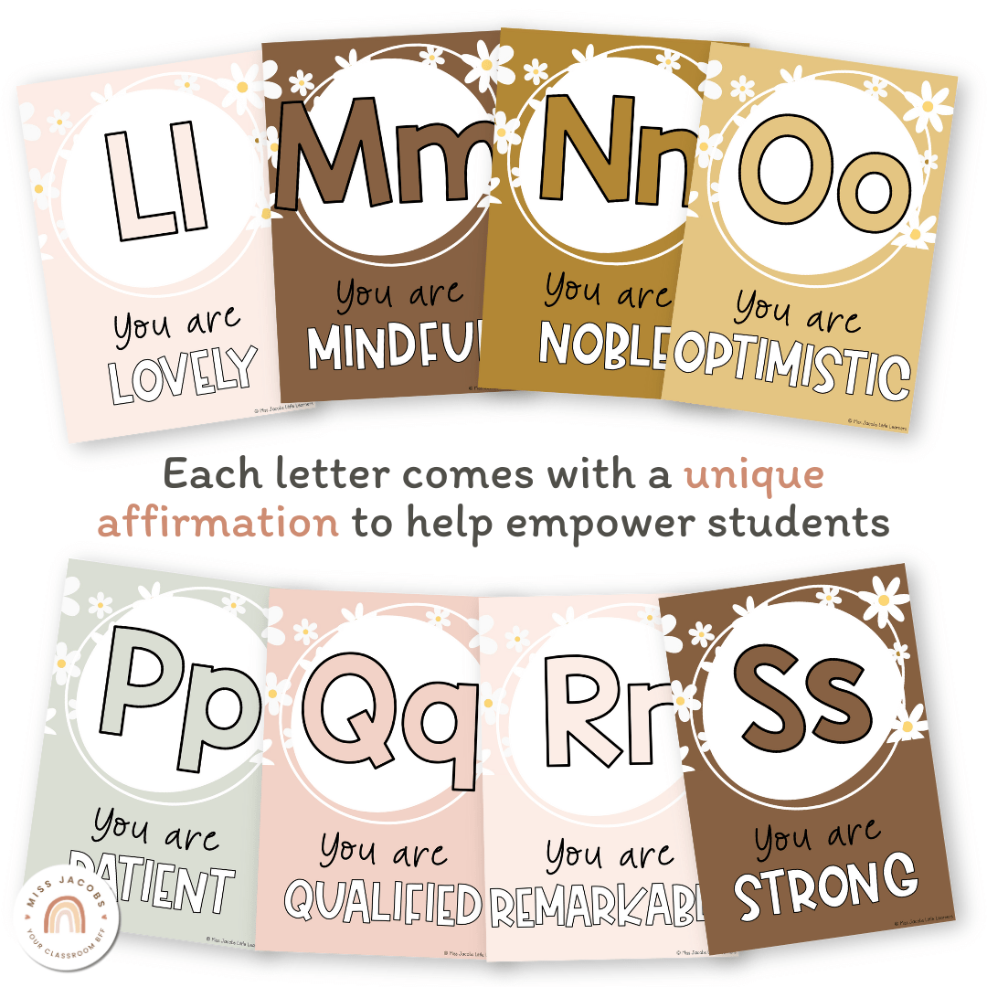 Affirmation Alphabet Posters - Daisy Gingham Neutrals Theme - MJLL
