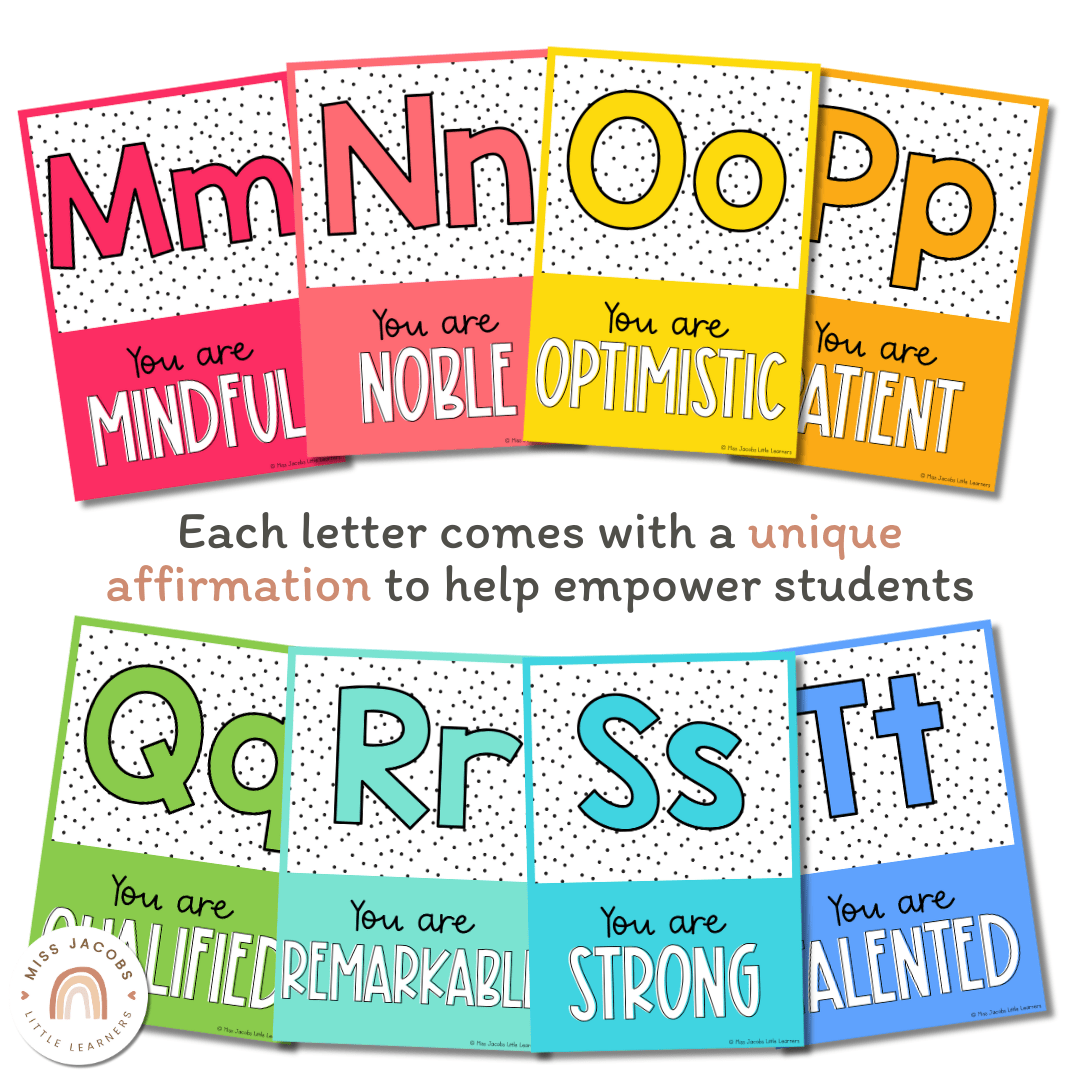 Affirmation Alphabet Posters - Spotty Bright Theme - Miss Jacobs