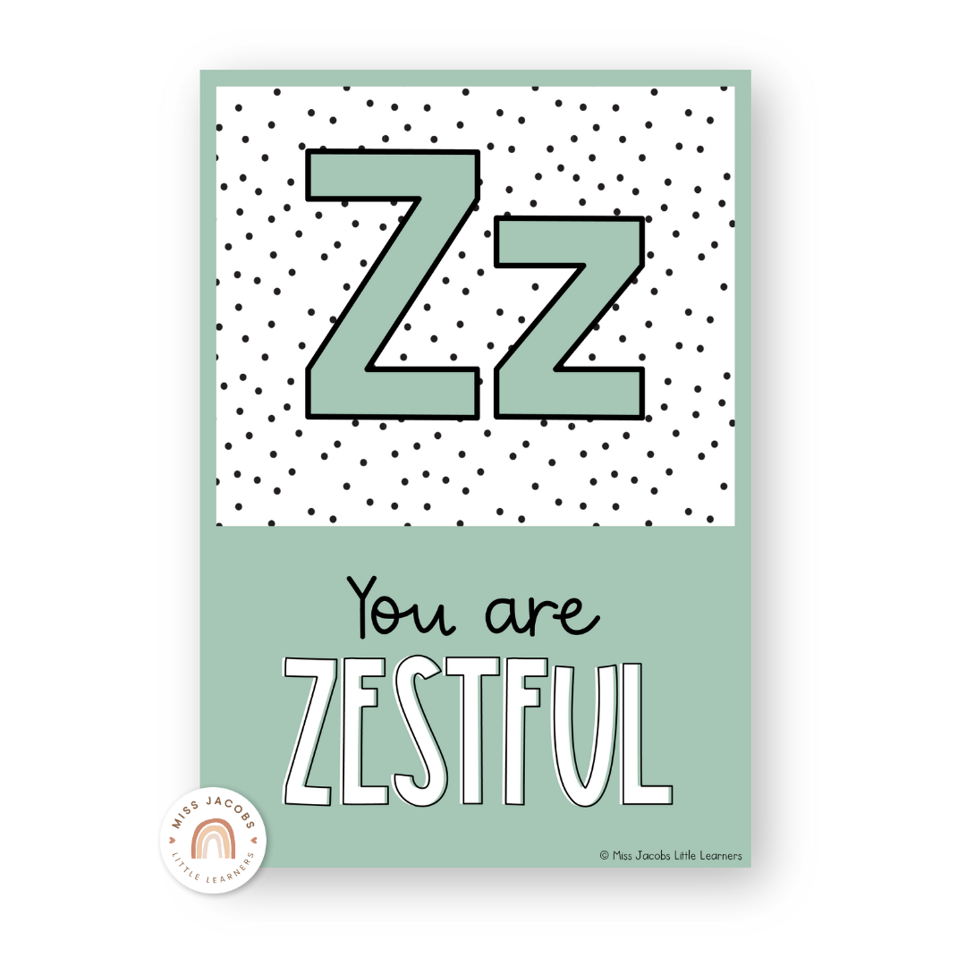 Affirmation Alphabet Posters - Spotty Pastel Theme - Miss Jacobs