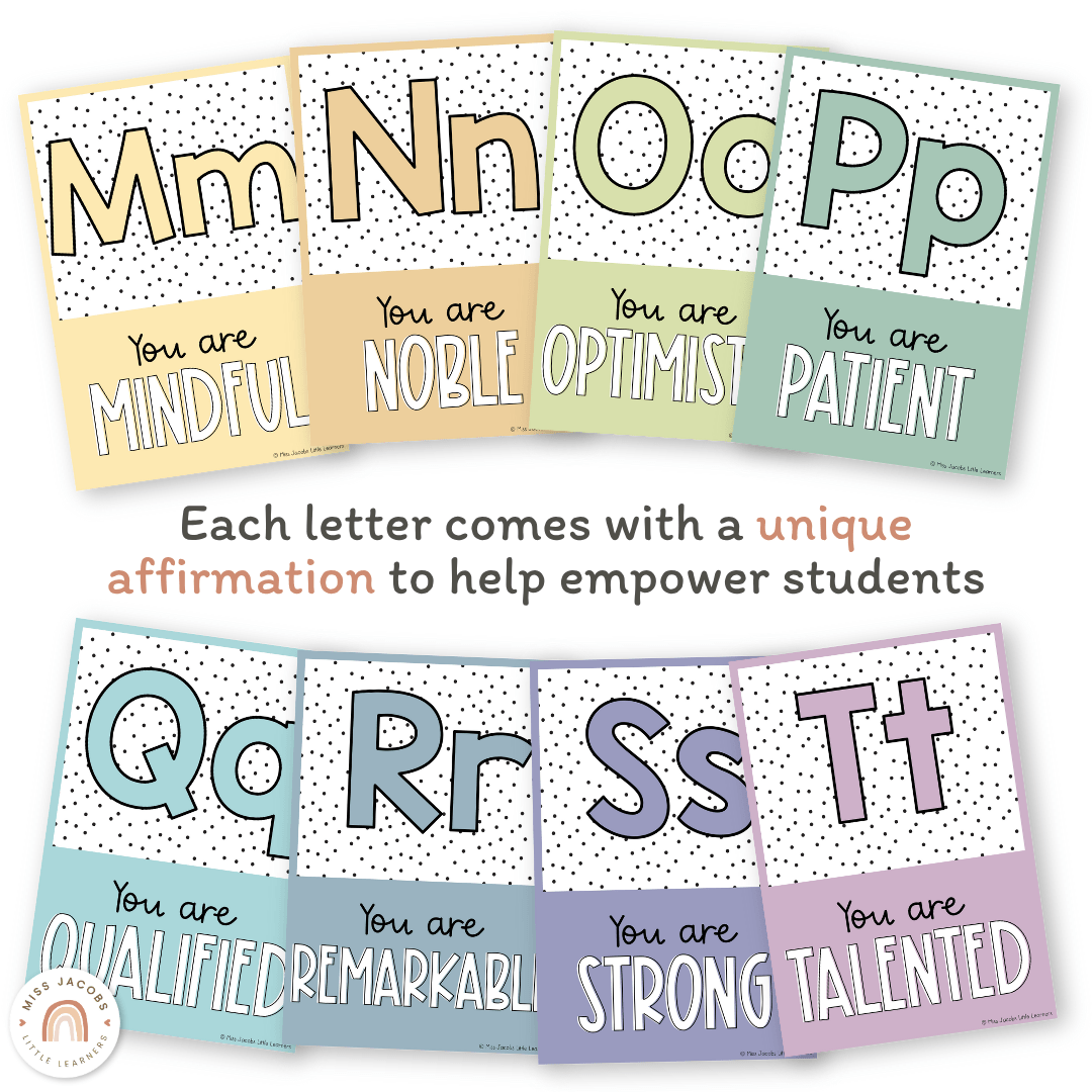 Affirmation Alphabet Posters - Spotty Pastel Theme - Miss Jacobs