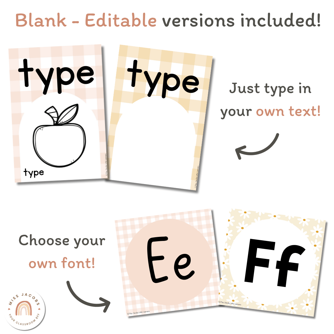 Alphabet Posters - Daisy Gingham Neutrals Decor