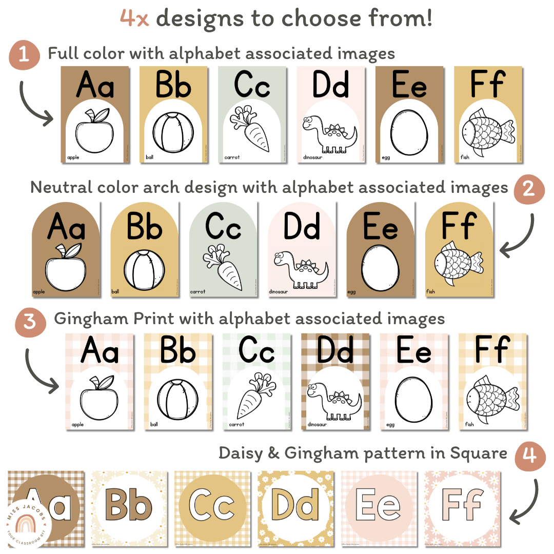 Alphabet Posters - Daisy Gingham Neutrals Decor