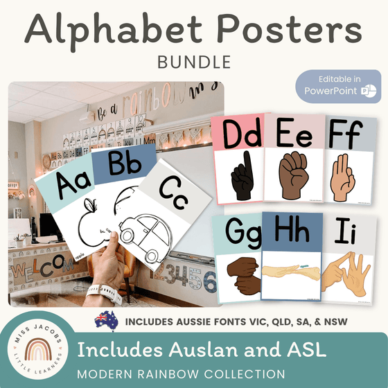 Alphabet Posters Bundle: English, ASL & Auslan Rainbow Classroom Decor ...