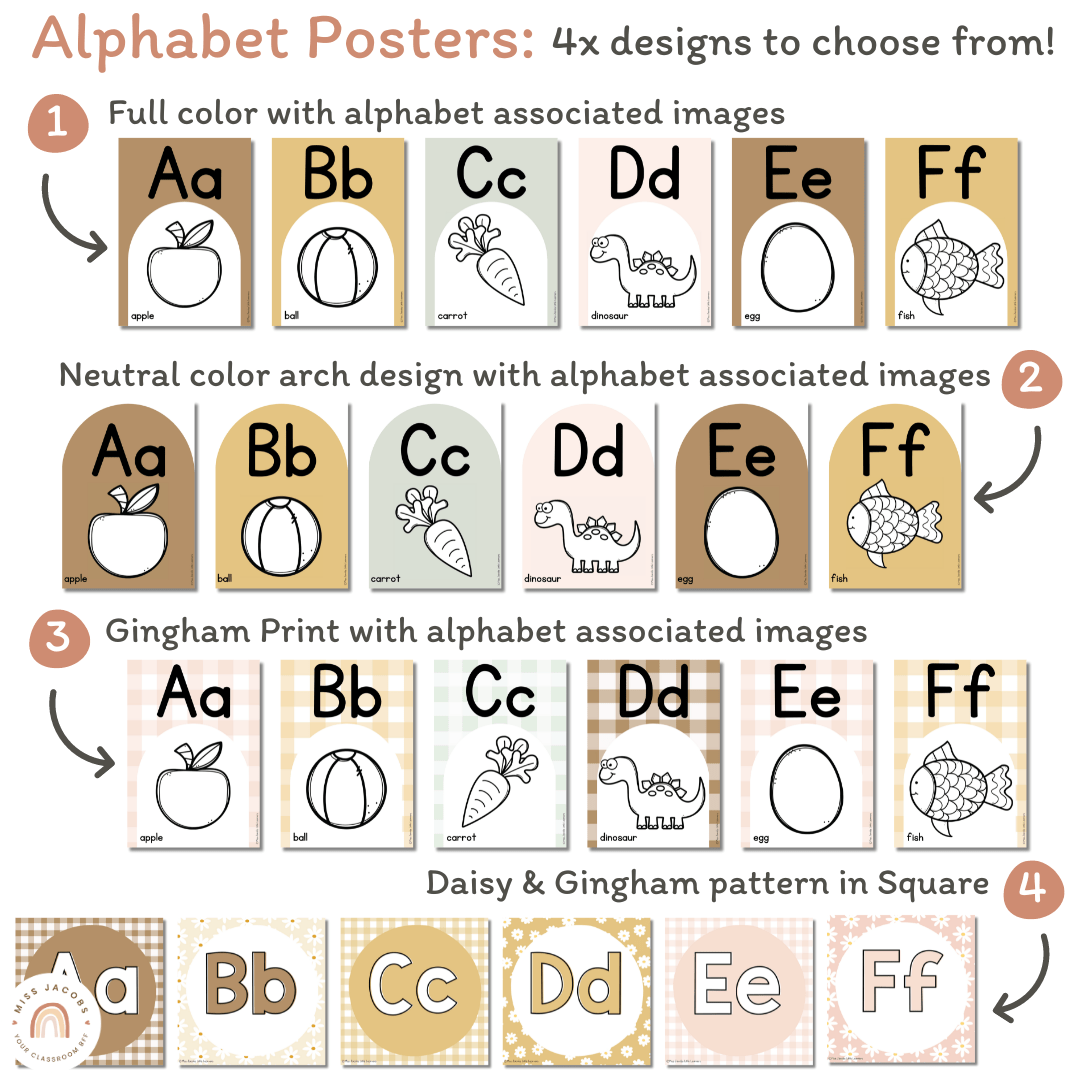 Alphabet Posters Bundle - ASL & Auslan - Daisy Gingham Neutrals