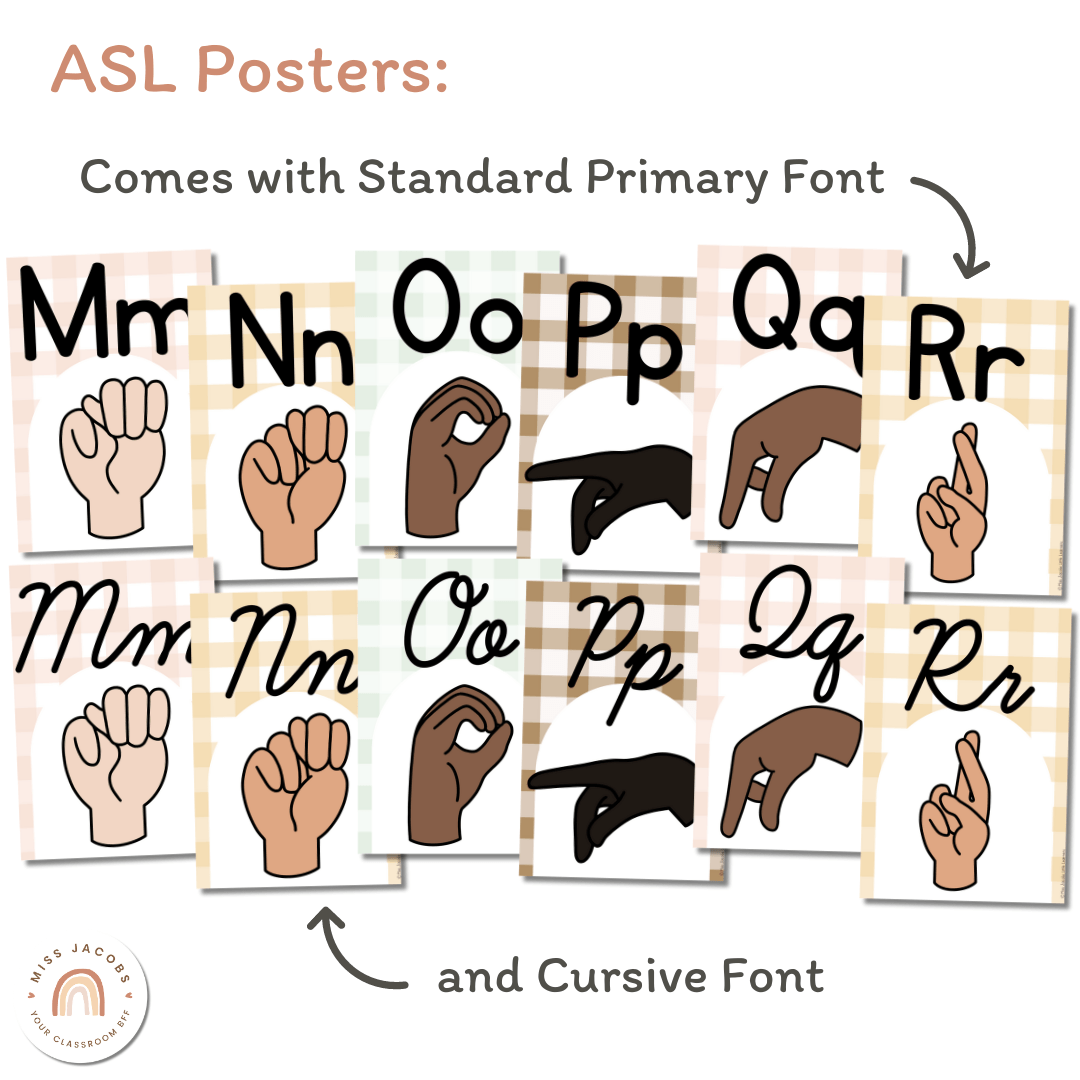 Alphabet Posters Bundle - ASL & Auslan - Daisy Gingham Neutrals