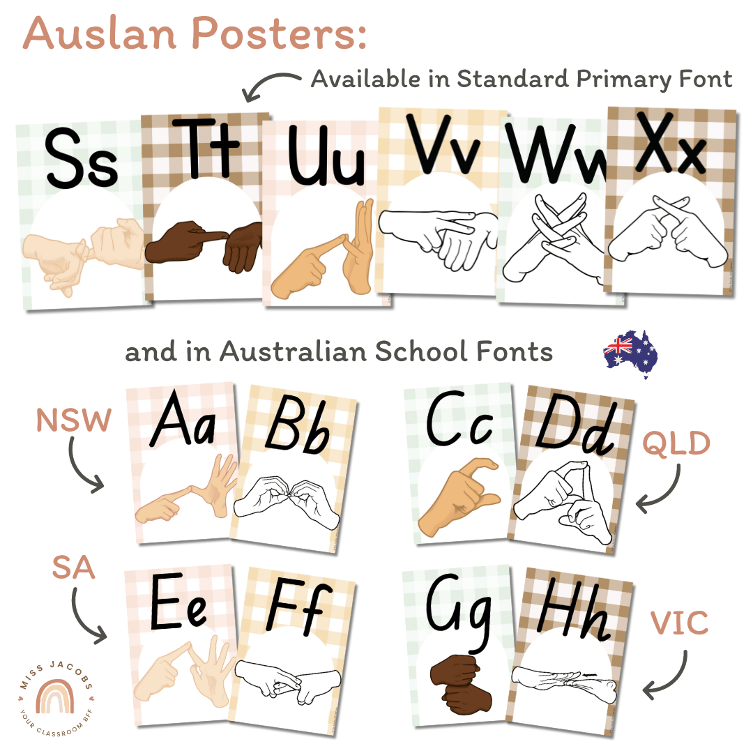 Alphabet Posters Bundle - ASL & Auslan - Daisy Gingham Neutrals
