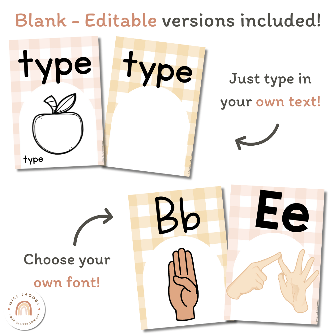 Alphabet Posters Bundle - ASL & Auslan - Daisy Gingham Neutrals