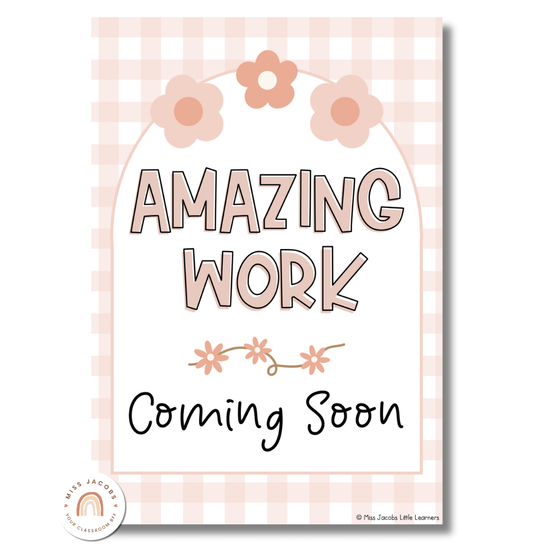 Amazing Work Coming Soon Posters - Daisy Gingham Neutrals