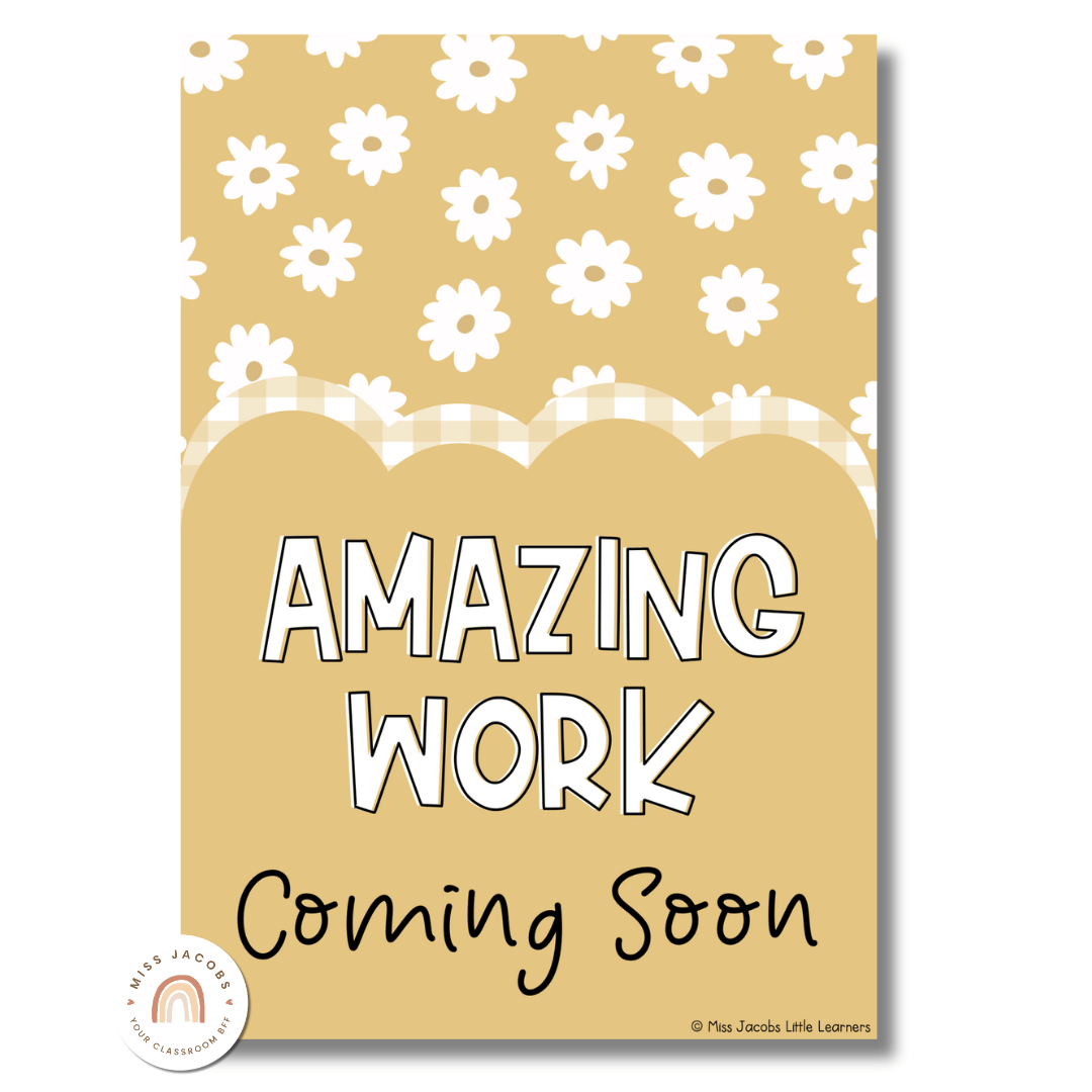 Amazing Work Coming Soon Posters - Daisy Gingham Neutrals