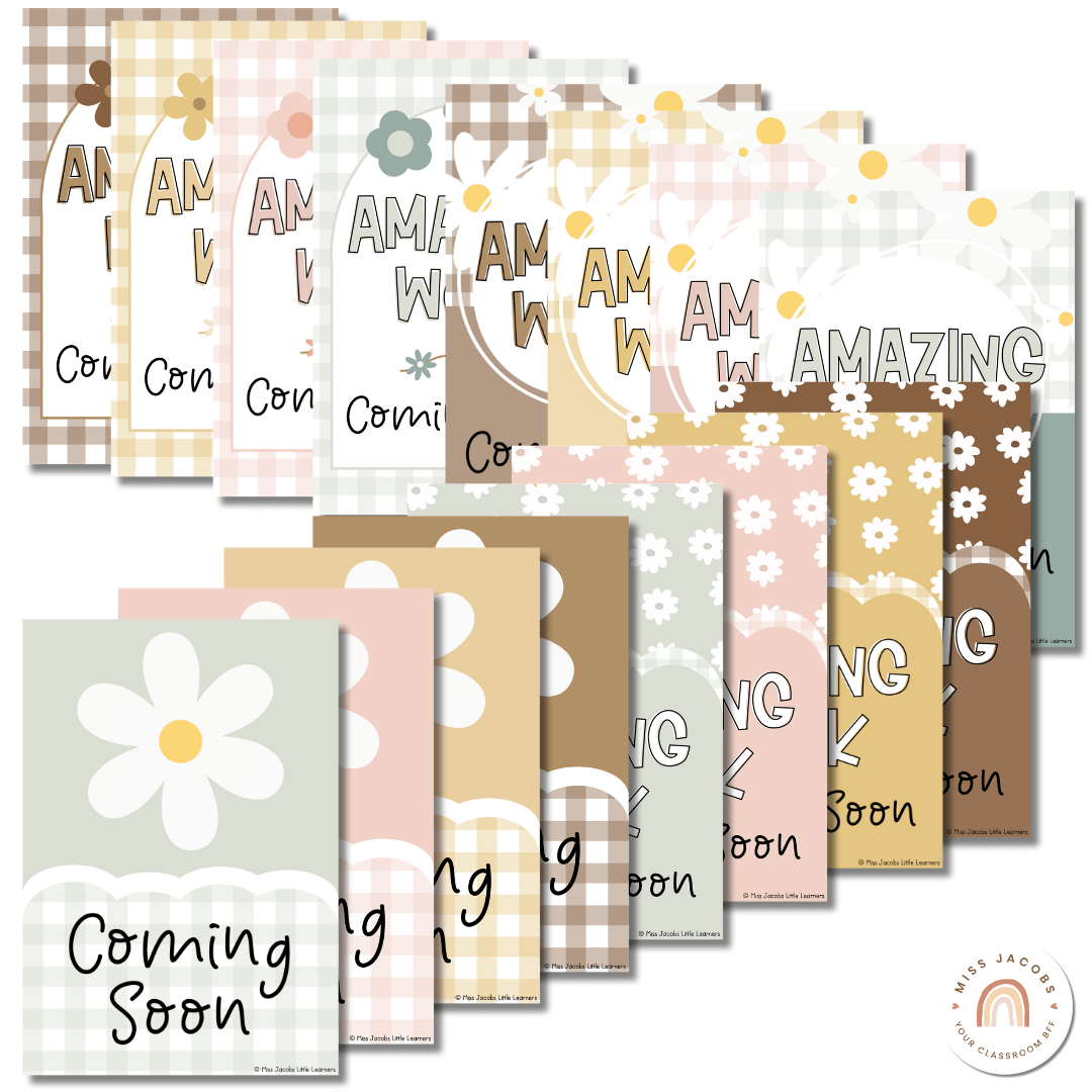 Amazing Work Coming Soon Posters - Daisy Gingham Neutrals