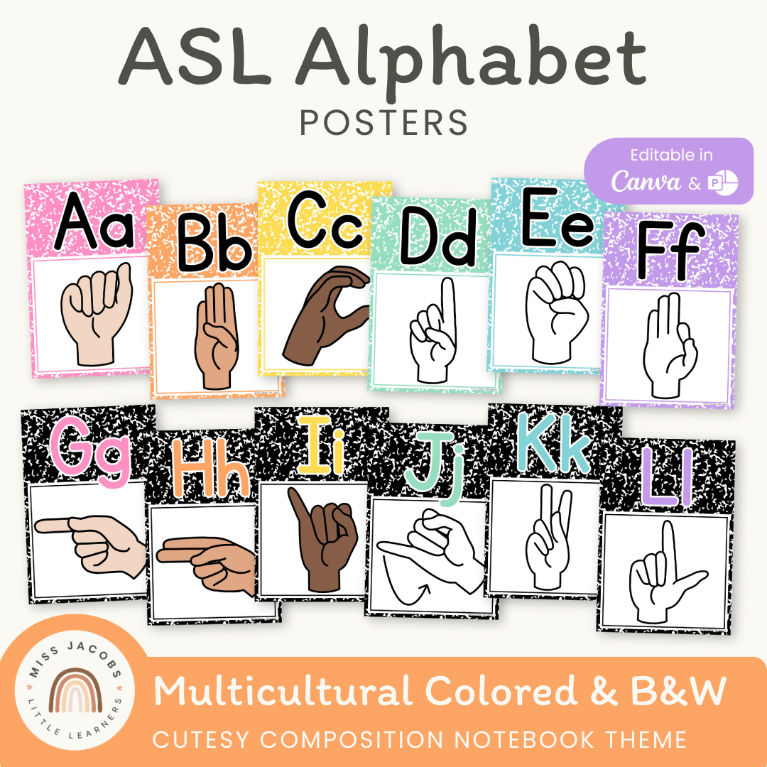 ASL Alphabet Posters - Cutesy Composition Notebook Decor – Miss Jacobs ...