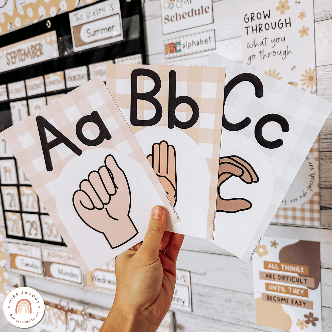 ASL Alphabet Posters - American Sign Language - Daisy Gingham Neutrals