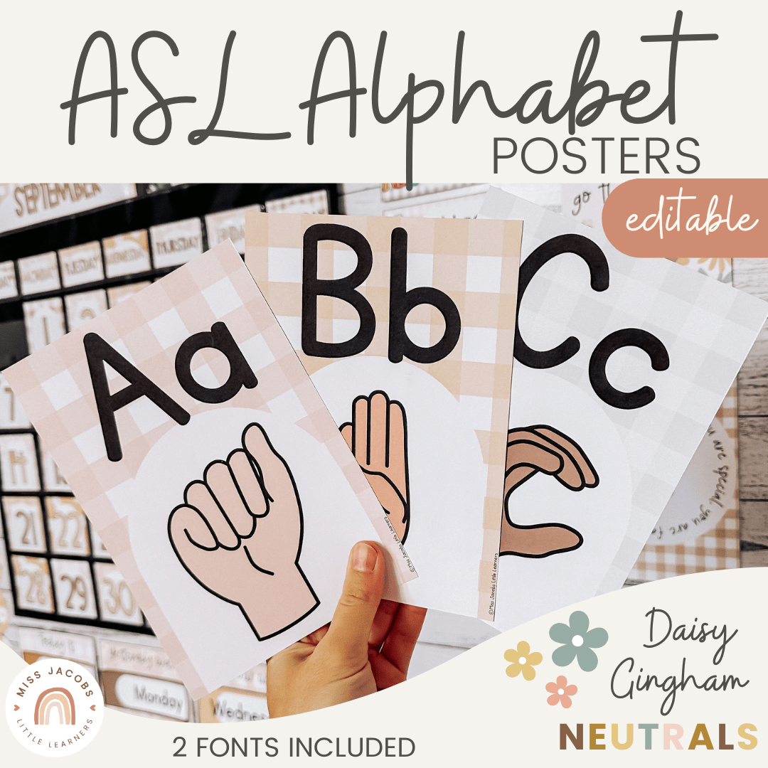 ASL Alphabet Posters - American Sign Language - Daisy Gingham Neutrals