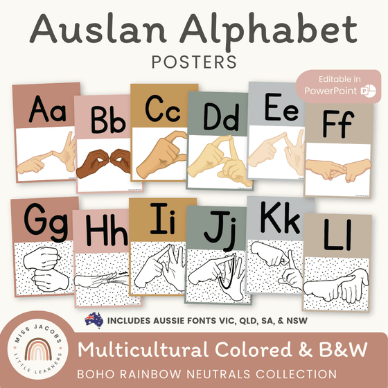 Auslan Alphabet Posters - Boho Rainbow Neutrals Theme - Miss Jacobs