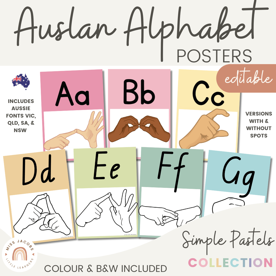 Auslan Alphabet Posters - Australian Sign Language - Simply Pastel - MJLL