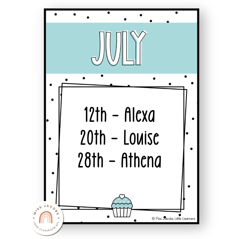 Birthday Chart - Spotty Pastel Classroom Decor - Miss Jacobs