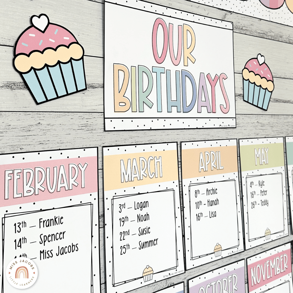 Birthday Chart - Spotty Pastel Classroom Decor - Miss Jacobs