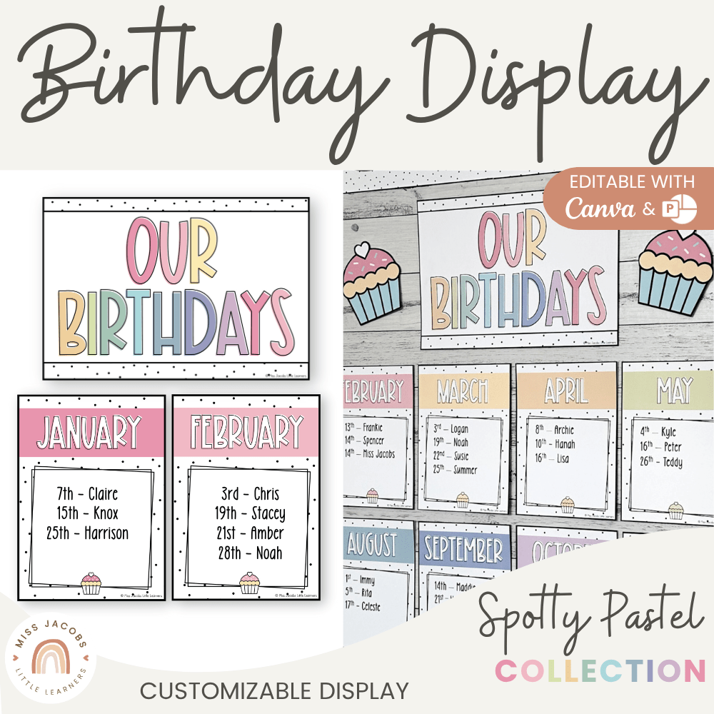 Birthday Chart - Spotty Pastel Classroom Decor - Miss Jacobs