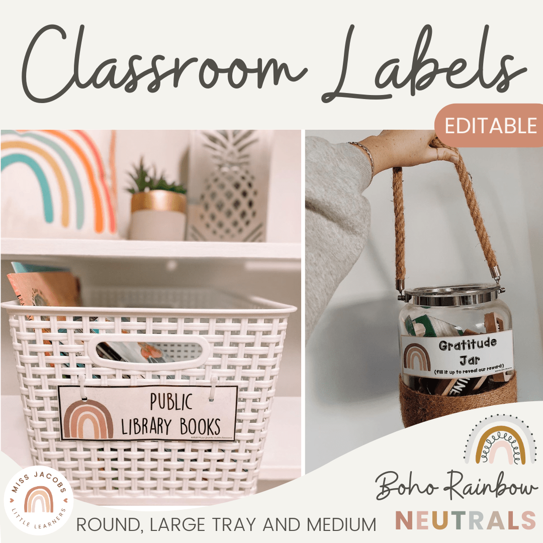 Classroom Label Student Names & Supplies - Boho Rainbow - MJLL
