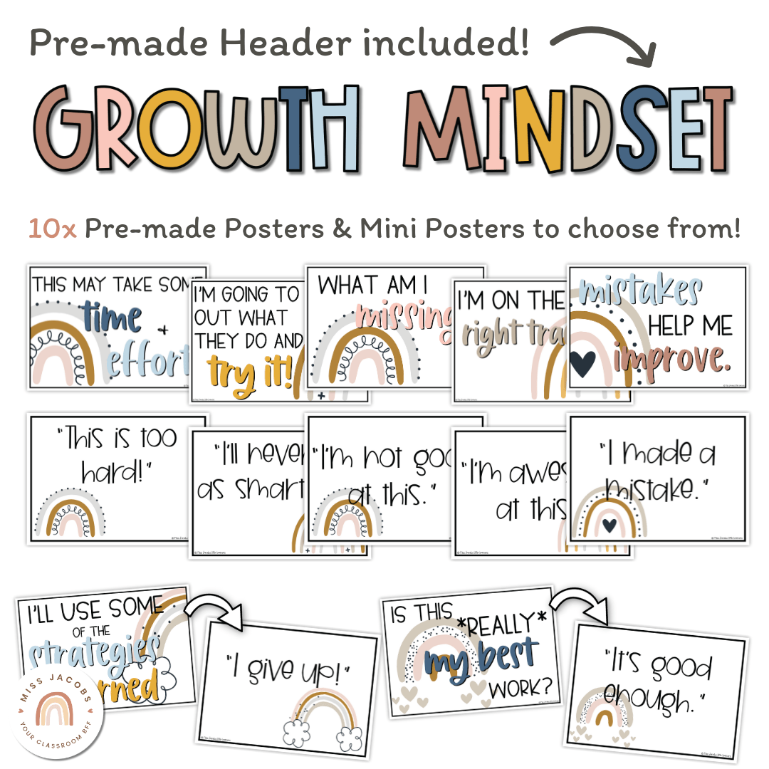 Growth Mindset Posters - Boho Rainbow Neutrals Classroom Theme - MJLL