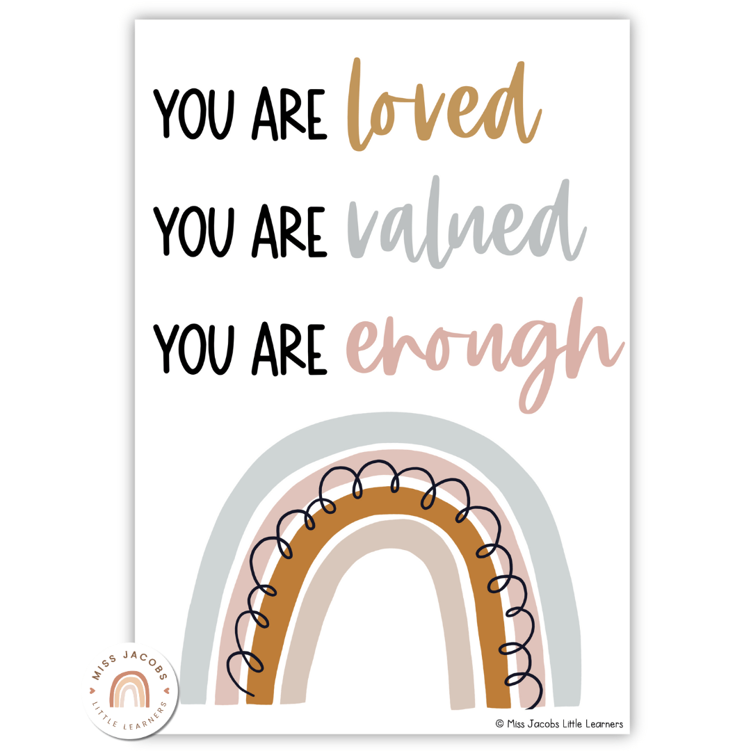 Inspirational Classroom Posters - Boho Rainbow Neutrals Theme - MJLL