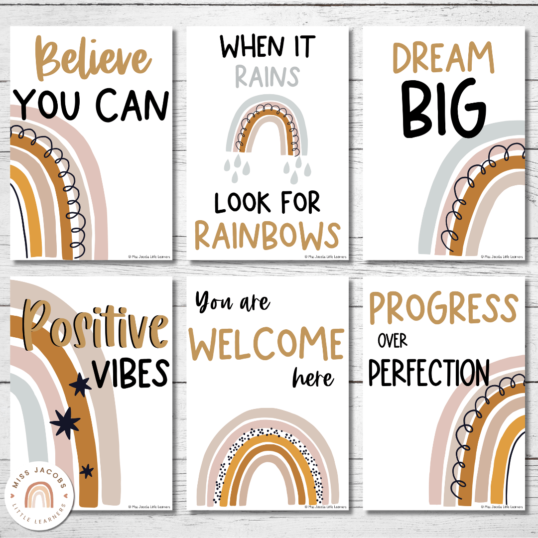 Inspirational Classroom Posters - Boho Rainbow Neutrals Theme - MJLL