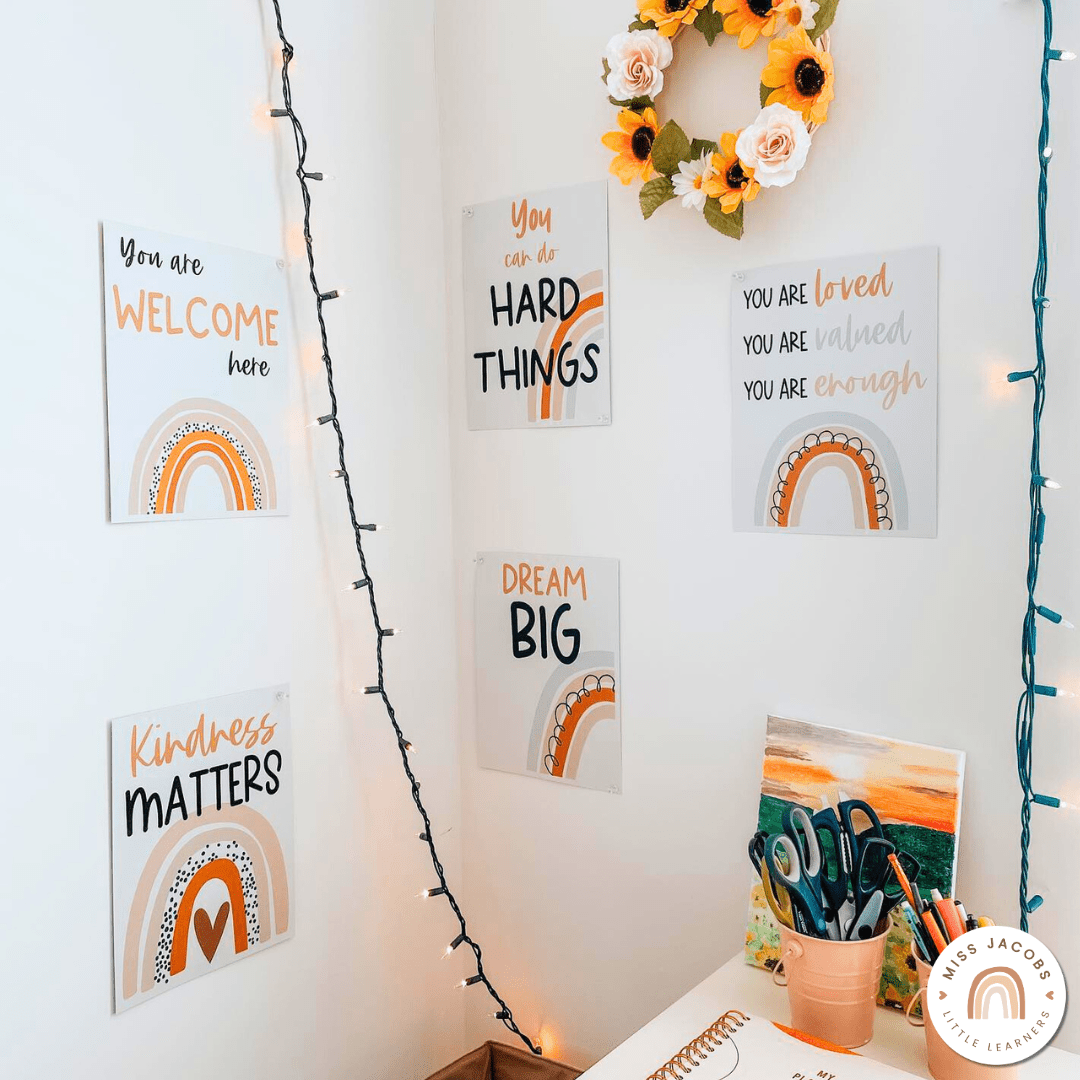 Inspirational Classroom Posters - Boho Rainbow Neutrals Theme - MJLL