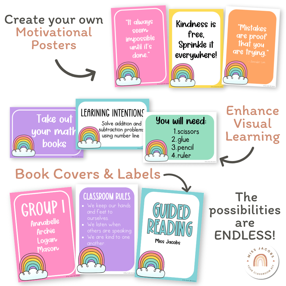 Bright Rainbow Theme Classroom Essentials Decor Pack - Miss Jacobs