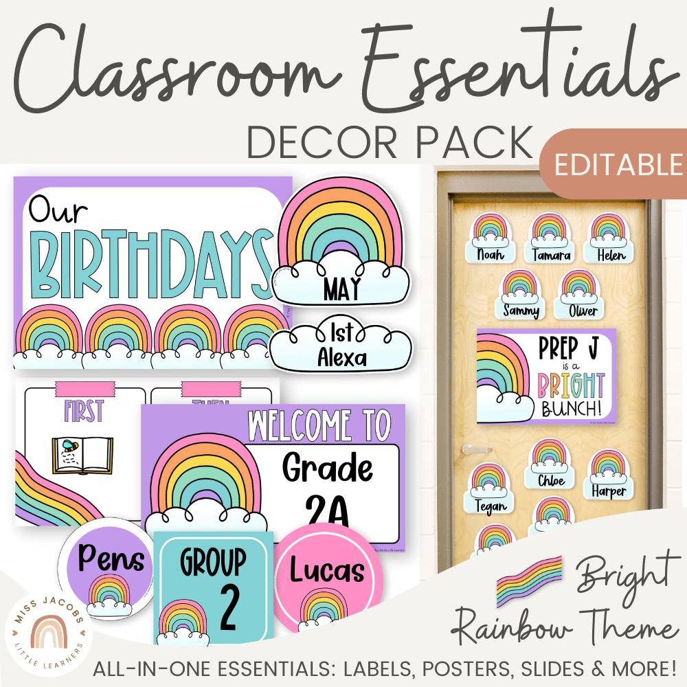 Bright Rainbow Theme Classroom Essentials Decor Pack - Miss Jacobs
