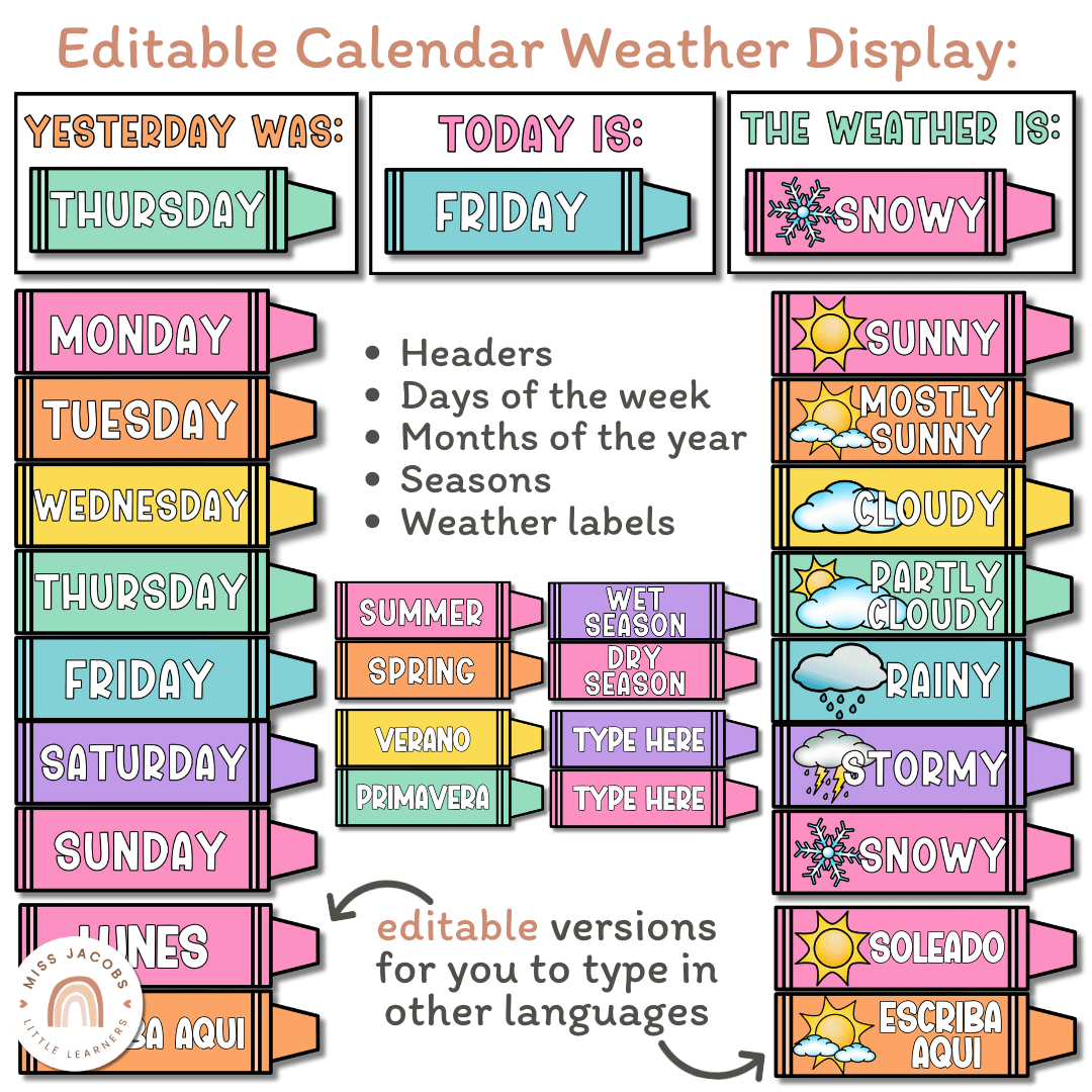 Calendar & Weather Display - Cutesy Classroom Theme - Miss Jacobs