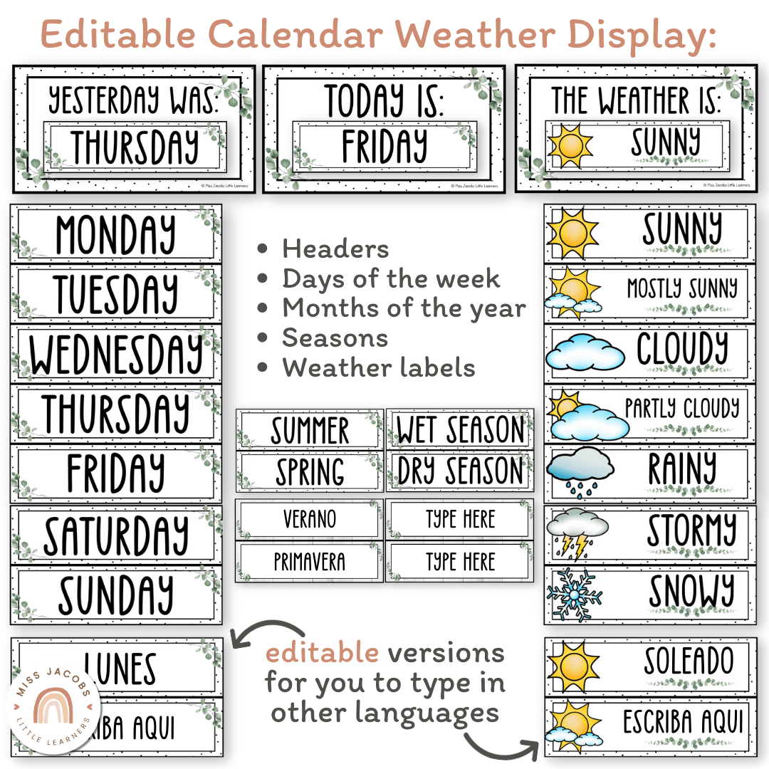 Calendar & Weather Display - Modern Botanical Theme - Miss Jacobs