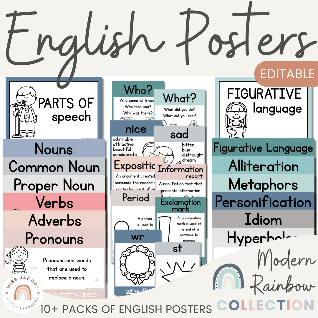 English Posters Reading and Writing Bundle - Rainbow Calm Colors