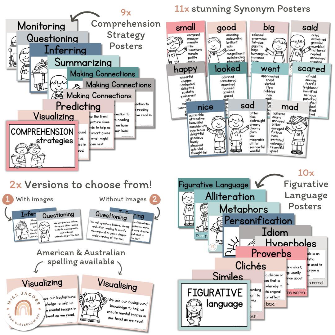 English Posters Reading and Writing Bundle - Rainbow Calm Colors