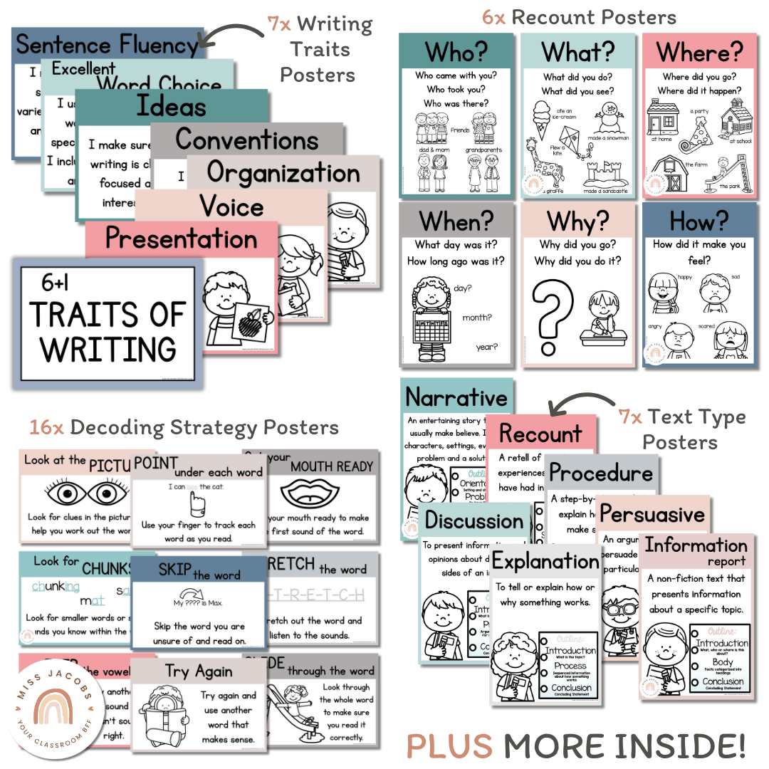 English Posters Reading and Writing Bundle - Rainbow Calm Colors