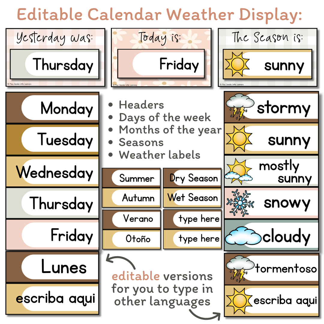 Calendar & Weather Display - Daisy Gingham Neutrals Decor