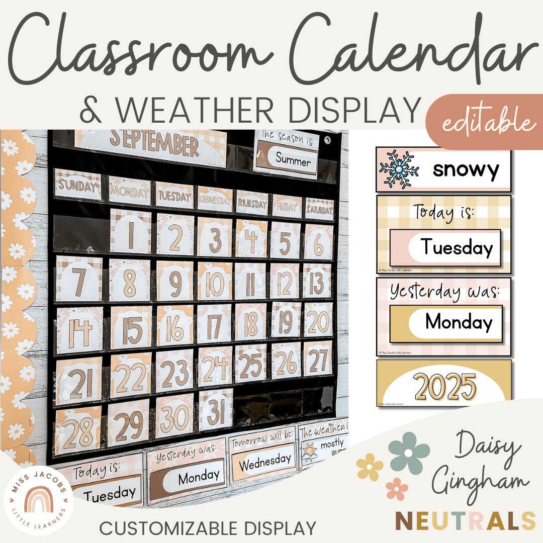 Calendar & Weather Display - Daisy Gingham Neutrals Decor