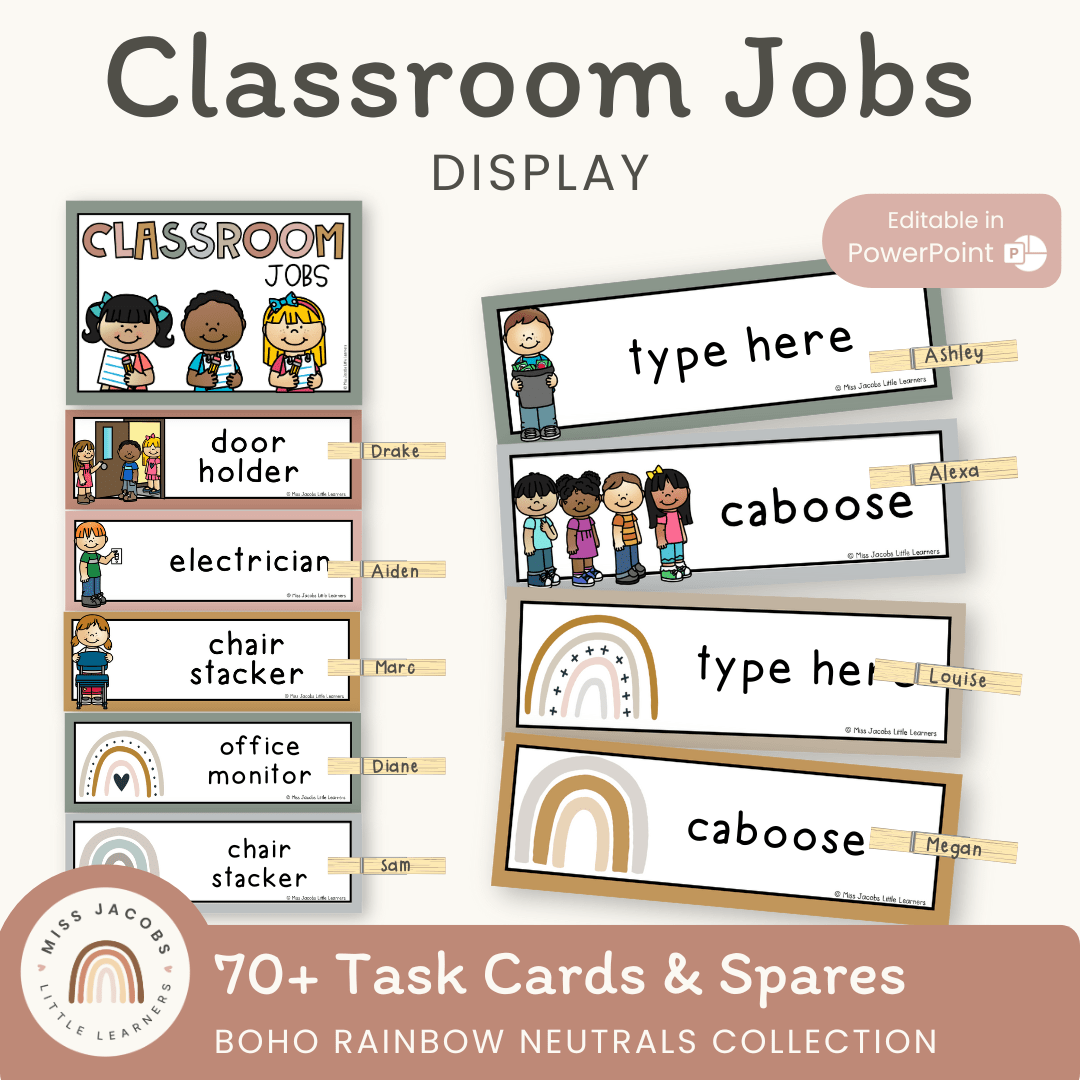 Classroom Job Chart - Boho Rainbow Neutrals Theme - Miss Jacobs