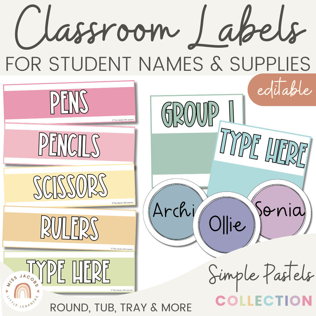 Classroom Labels Student Names & Supplies - Simply Pastel Theme - MJLL