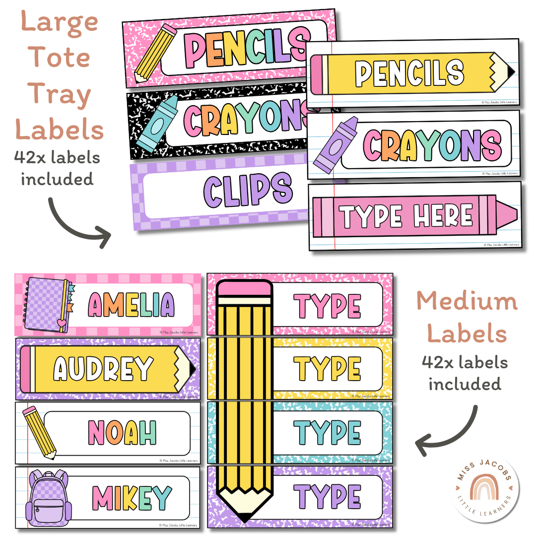 Classroom Labels for Student Names & Supplies - Cutesy Theme - MJLL