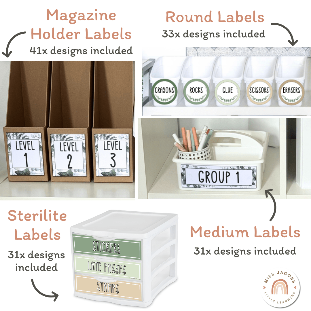 Classroom Labels Student Names & Supplies - Modern Botanical Theme