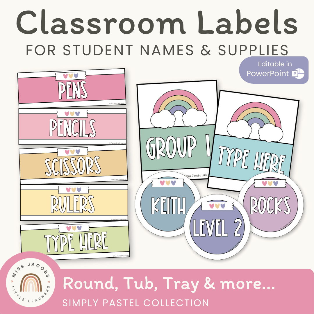 Classroom Labels Student Names & Supplies - Simply Pastel Theme - MJLL