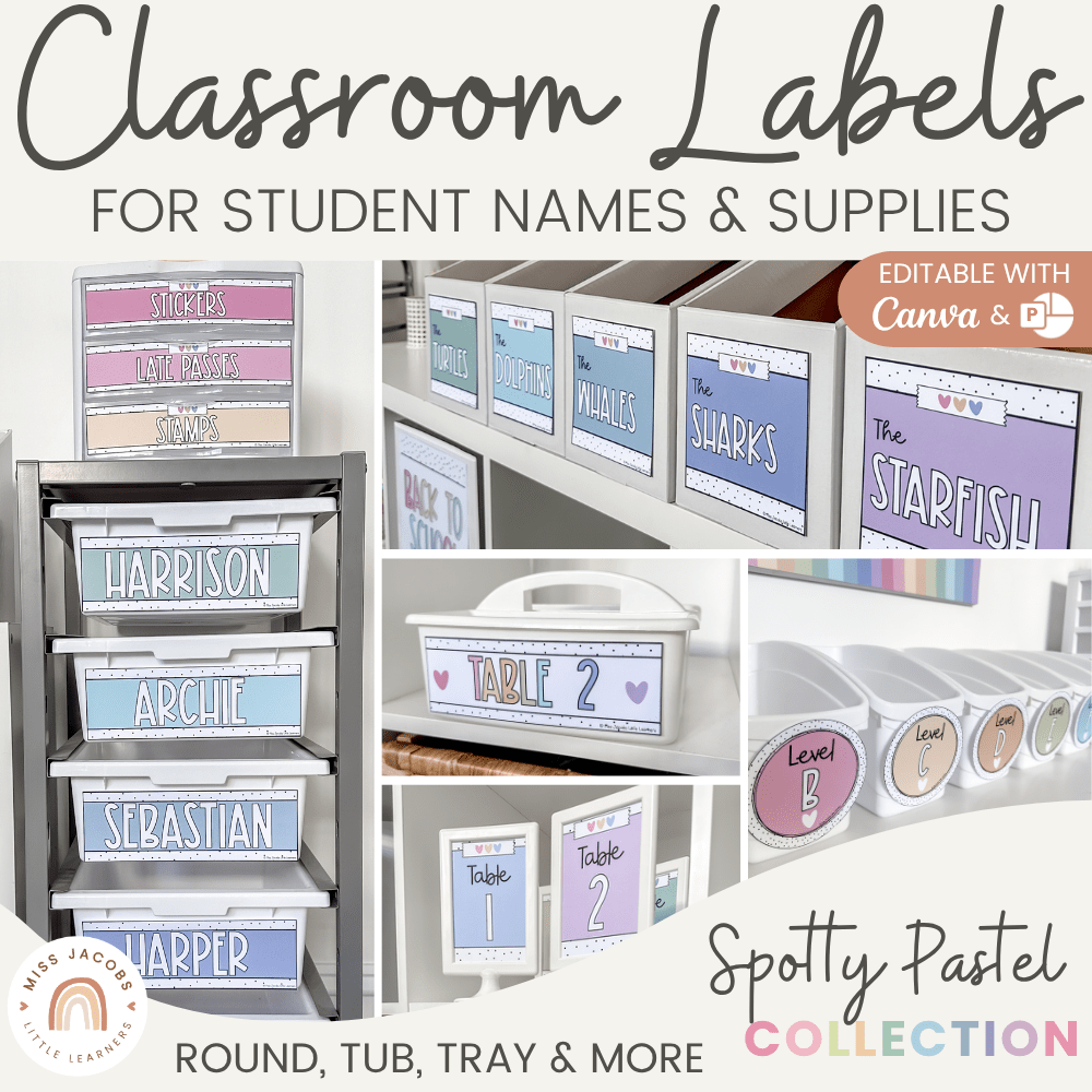 Classroom Labels Student Names & Supplies - Spotty Pastel Theme - MJLL