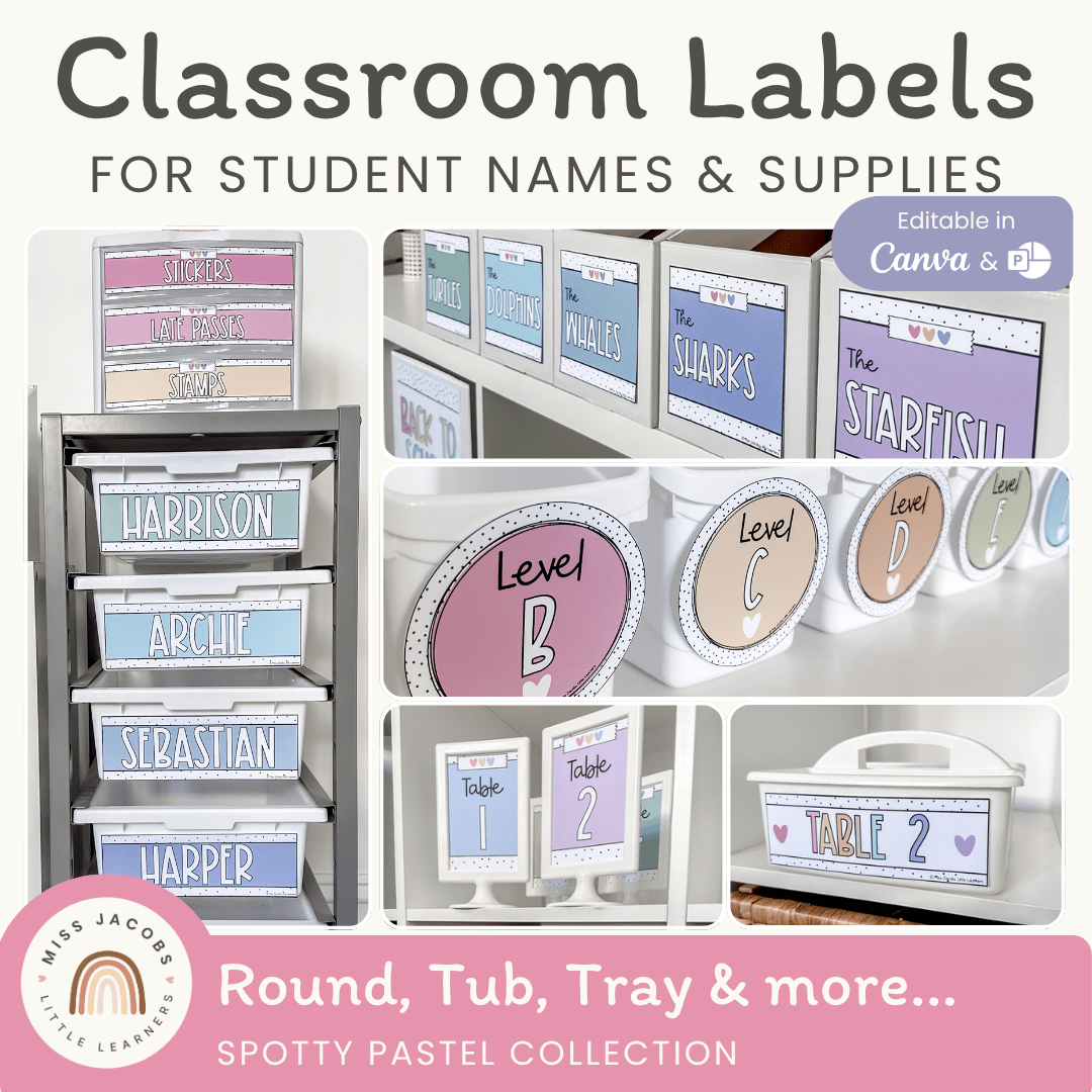 Classroom Labels Student Names & Supplies - Spotty Pastel Theme - MJLL
