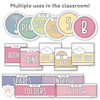 Classroom Labels Student Names & Supplies - Spotty Pastel Theme - MJLL