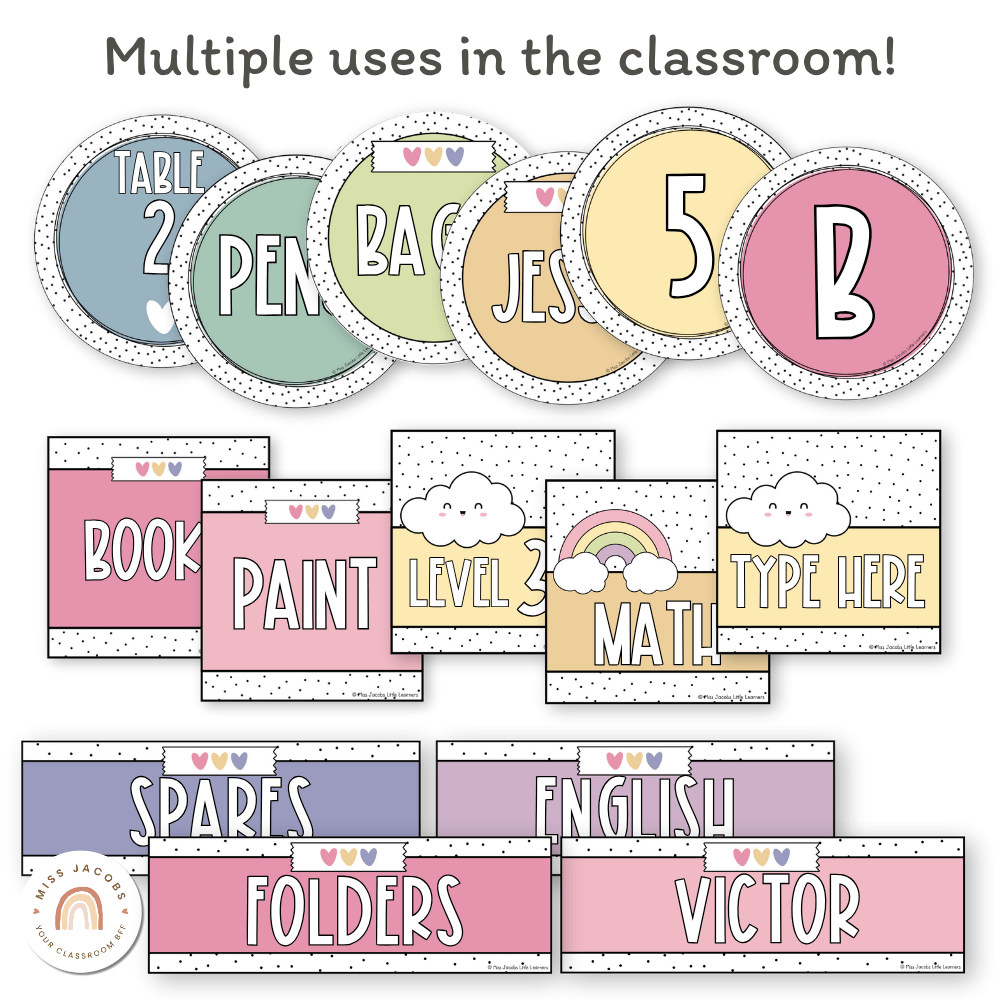 Classroom Labels Student Names & Supplies - Spotty Pastel Theme - MJLL